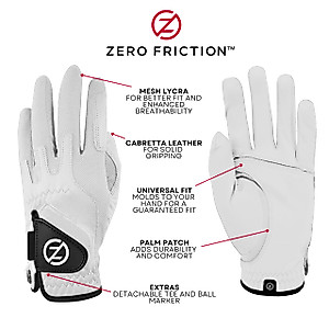 Zero Friction Male Men's Cabretta Elite Golf Glove 2 Pack, Free Tee Pack White & White, Universal Fit (GL72007)