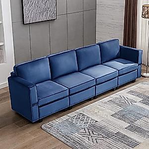 ZAFLY Sectional Sofa, 4 Seat Convertible Modular Blue Couch with Adjustable Backrest and Armrests I Shaped Sleeper Comfy Couches for Living Room
