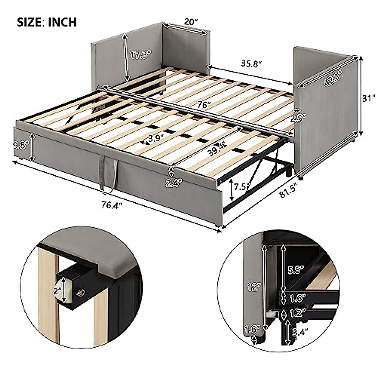 DEINPPA Twin Extendable Platform Bed, Upholstered Transitional Daybed with Trundle, Twin Size to King Size Bed, No Box Spring Needed-Grey