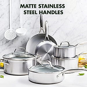 GreenPan Venice Pro Tri-Ply Stainless Steel Healthy Ceramic Nonstick 10 Piece Cookware Pots and Pans Set, PFAS-Free, Multi Clad, Induction, Dishwasher Safe, Oven Safe, Silver