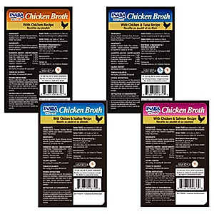INABA Chicken Broth - Shredded Chicken and Seafood Flakes in Tasty Chicken Gravy - Side Dish Wet Treat for Cats - 4 Flavor Variety Pack (24 Pouches)