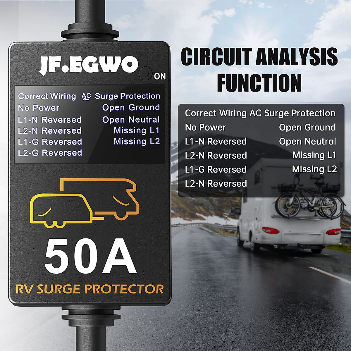 JF.EGWO 50A RV Surge Protector with Waterproof Cover, RV Circuit Analyzer with 6500J Surge Protection - 50 Amp RV Power Surge Protector with 3.55 Inch Smart LED Screen