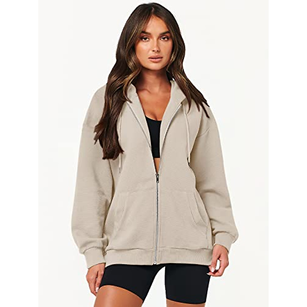 ANRABESS Women's Hoodies 2023 Fall Jacket Rib Kint Sweater Long Sleeve Sweatshirts Casual Dressy Tops Zip Up Trendy Y2K Clothes for Teen Girl 931mihuang-L Beige