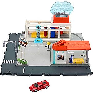 Matchbox Toy Car Playset, Action Drivers Super Clean Car Wash with 1 Chevrolet Corvette in 1:64 Scale, Lights & Sounds, Connects to Other Sets