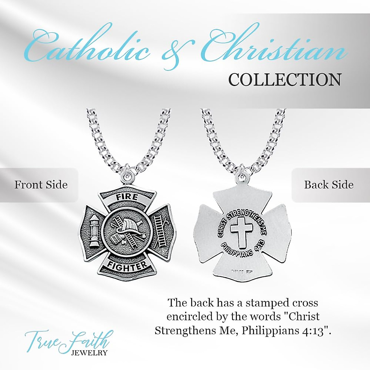 TrueFaithJewelry Sterling Silver Fire-Fighter Shield Medal Cross Pendant Necklace, 1 Inch