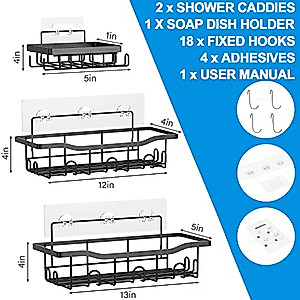 Woseito 3-Pack Shower Caddy, Adhesives Bathroom Organizers With Soap Dish Holder， No Drilling Shower Shelf, Stainless Steel Shower Rack With Hooks, Mounted for Bathroom & Toilet Table (Matte Black)