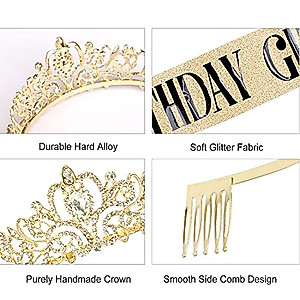 Aprince Birthday Crown & Birthday Girl Sash Set, Rhinestone Tiaras and Crowns for Women Girls Gold Tiara Birthday Gold Sash Princess Tiaras Queen Crowns for Birthday Prom Photoshoot