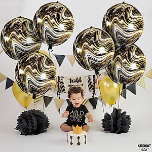 KatchOn, Black and Gold Marble Balloons - 22 Inch, Pack of 6 | Round 4D Marble Black and Gold Balloons, Gold and Black Balloons | Black Agate Balloons | Halloween Balloons for Halloween Decorations