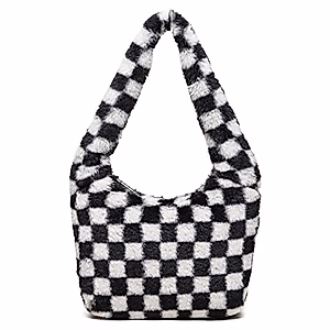 Fashion Soft Faux Fur Shoulder Bag Purse for Women Retro Checkered Fluffy Hobo Handbag Zipper Closure (White Black)