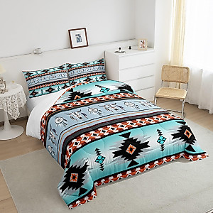 Erosebridal Western Bedding Sets Queen, Exotic Bull Skull Queen Comforter Set Southwestern Quilt,Dream Catchers Tribe Feather Duvet Insert Western Animals Boho Aztec Western Decor Blue Teal Orange