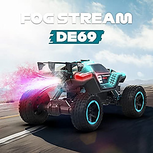 DEERC DE69 Remote Control Truck with Spray and Light, 5 LED Light Modes, Dual Motors Off Road RC Car, 4WD Rock Crawler, Spray Water Mist, 35+ Min Play, Toy Vehicle for Boys Girls and Adults