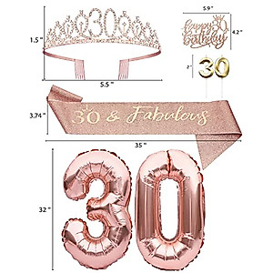 30th Birthday Gifts Decorations for Her - 30 Birthday Cake Topper, Balloons, Queen Sash, Crown and Candle Set, Rose Gold