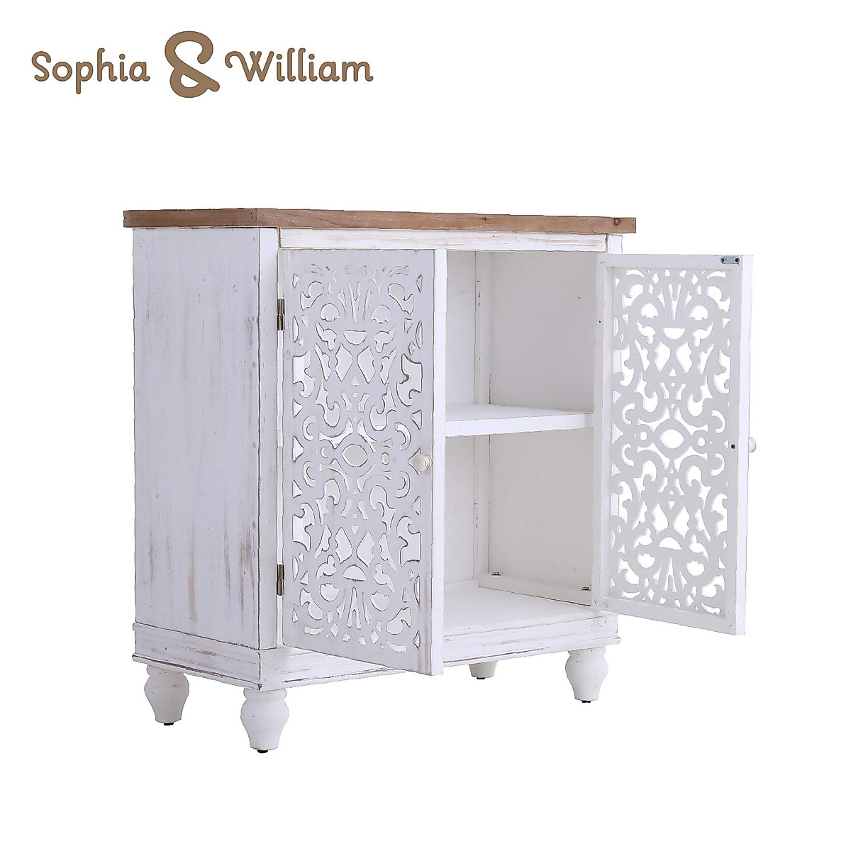Sophia & William Accent Cabinet with 2 Doors, Distressed Storage Cabinet with Wood Frame and Hollow-Carved Door for Entryway Living Room, White