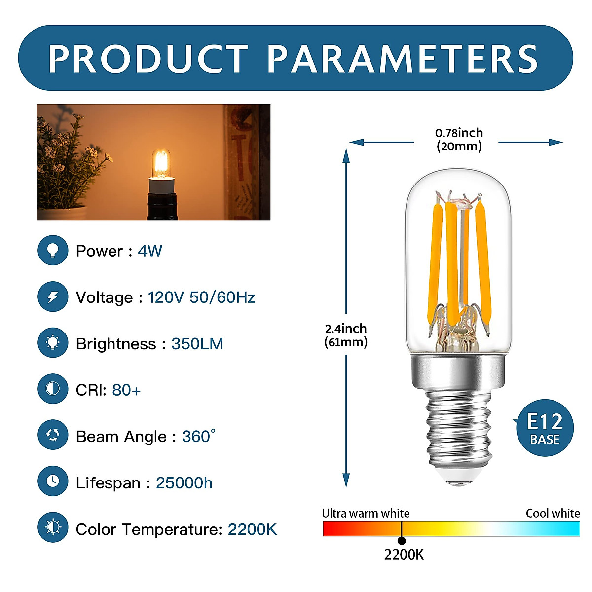 Hcnew E12 LED Candelabra Light Bulbs, 40W Equivalent Mini T20 Chandelier Bulbs, Warm White 2200K Dimmable Range Hood Bulbs Bedside Lamps, 350LM, 2 Pack