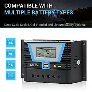 PowMr 60A PWM Solar Controller, 12V 24V 36V 48V Auto with LCD Display, Dual USB Output Charge Controller for AGM, Gel, Flooded, Lead-Acid and Lithium Battery