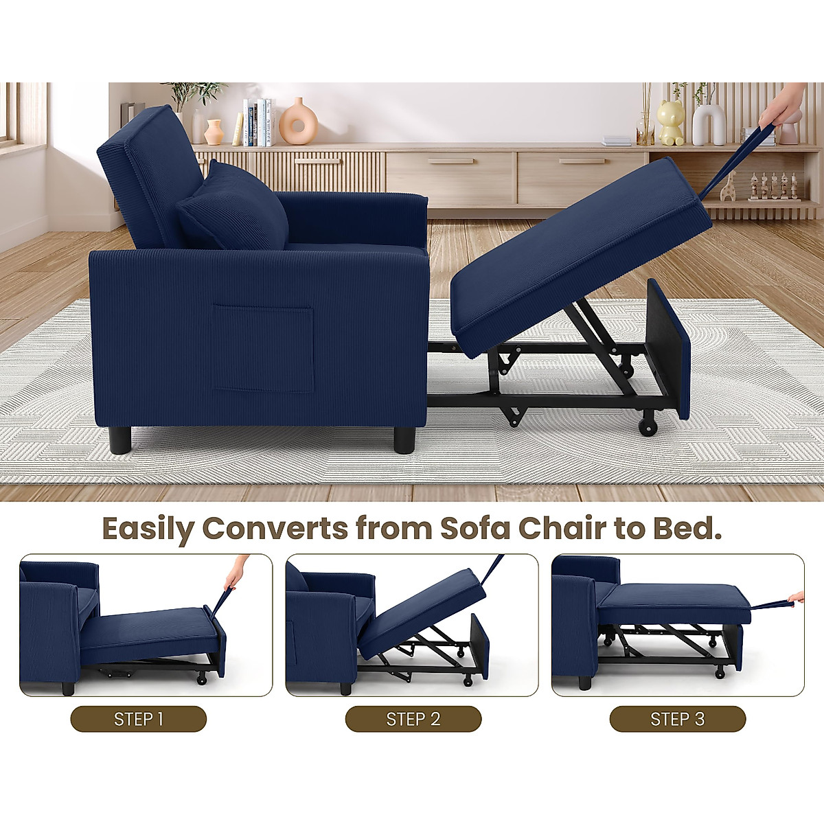 SEJOV Sleeper Chair, 4-in-1 Convertible Sleeper Sofa Bed with Adjustable Backrest, Corduroy Pull Out Chair Bed Single Recliner for Living Room, Bedroom, Apartment, Office, Small Space, Navy Blue