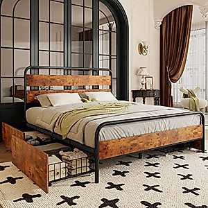 Aiho Queen Bed Frame with Storage, Metal Platform Bed Frame, Steel Slat Support, Sturdy and Stable, No Box Springs Needed, Noise Free, Vintage Brown