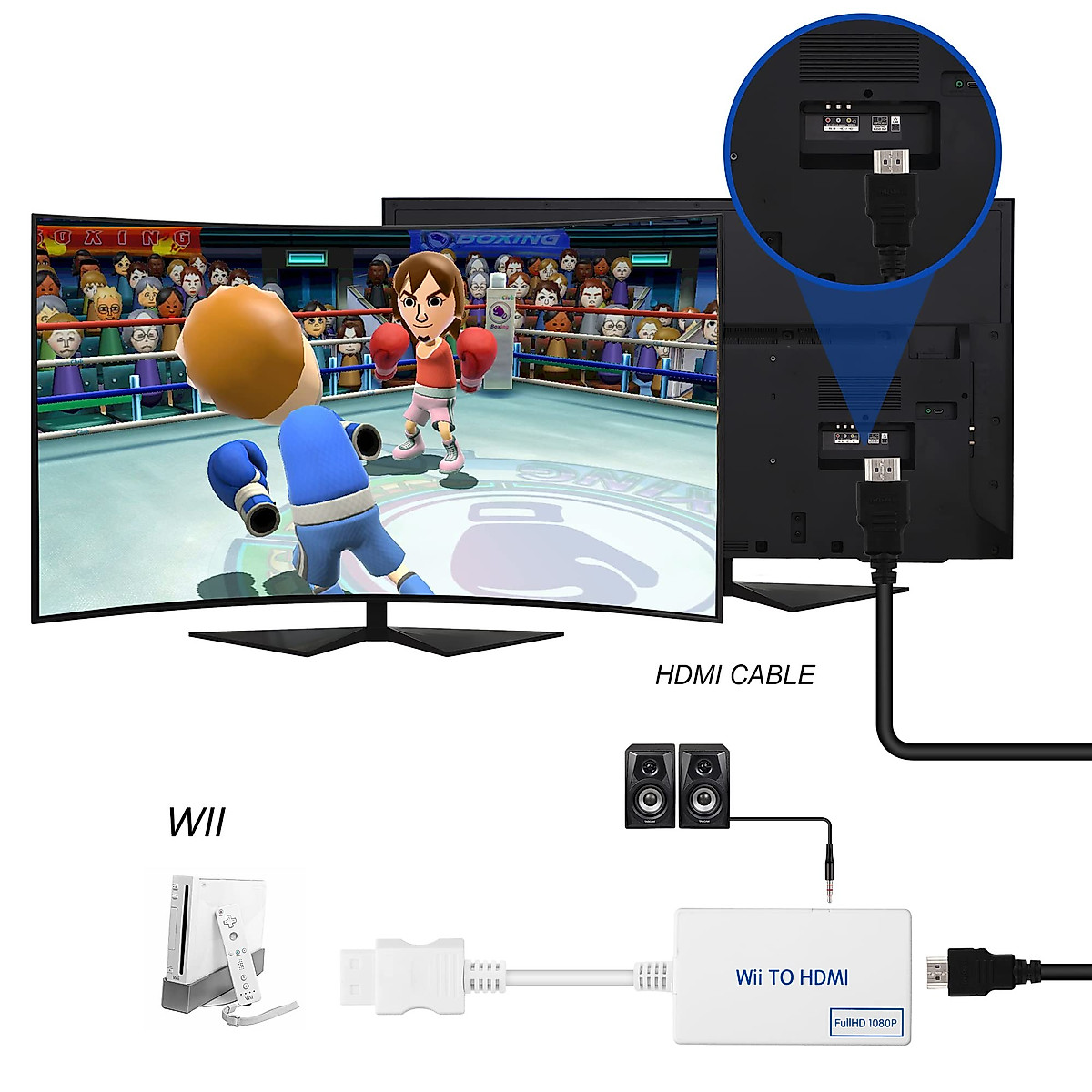 Sheiaier Wii to Hdmi Adapter with HDMI Cable, Wii to Hdmi Converter Supports 3.5mm Audio and HDMI Video Output 720/1080P for Nintendo Wii All Display Modes （White ）