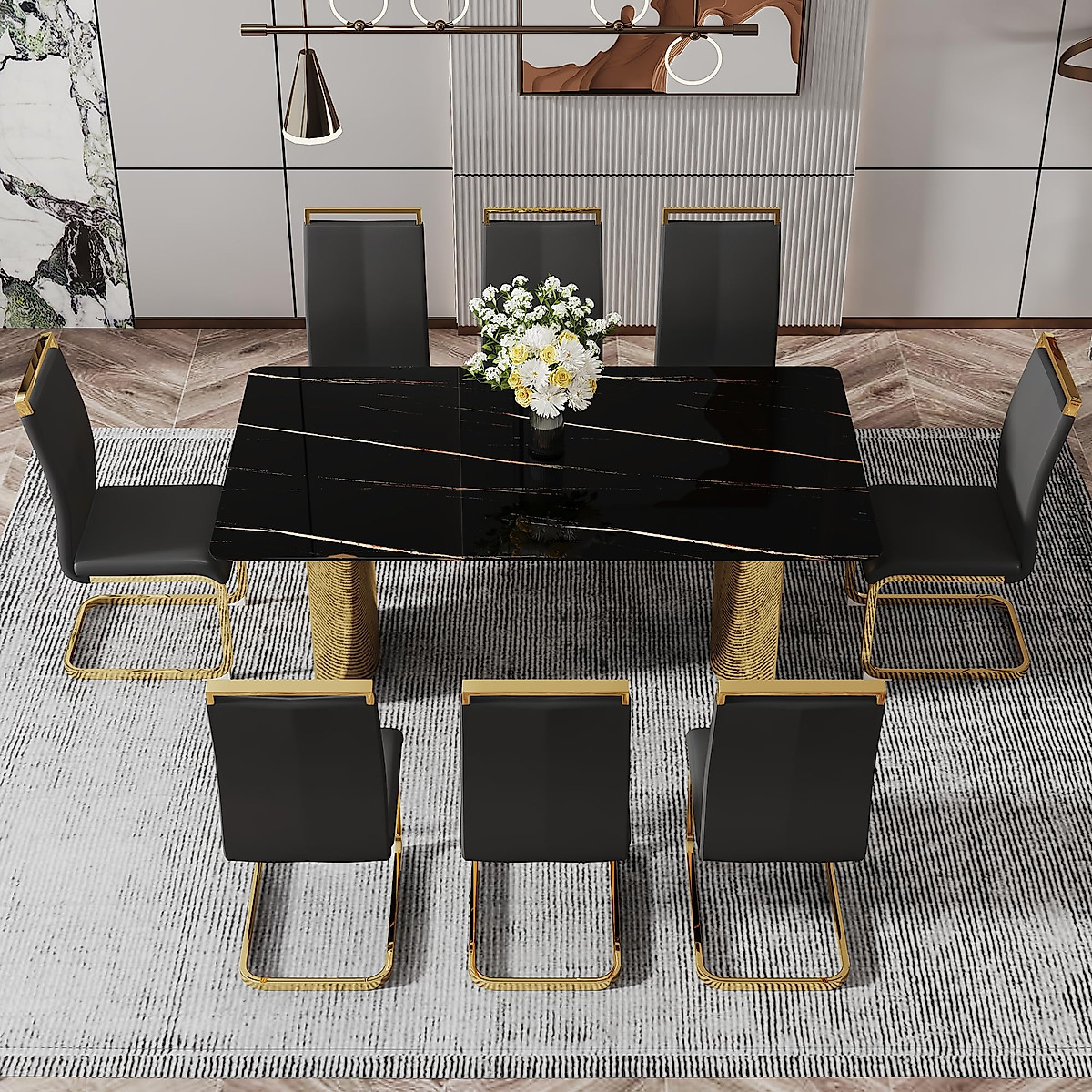 Pvillez 63" Dining Table, Imitation Marble Dining Table Set for 6 8, Modern Kitchen Table and Chairs for 4 6, Dinner Table with Craft Glass Desktop Steel Legs (Table2)