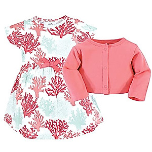 Touched by Nature Baby Girls' Organic Cotton Dress and Cardigan, Coral Reef, 9-12 Months