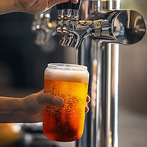 BFTETYU 16oz Iced Coffee Cup with Bamboo Lids and Straw, Beer Can Shaped Glass Mason Jar Cups, Coffee Glass Can Shaped Drinking Glasse, Cute Glass Cup for Boba, Water, Smoothie, Tea