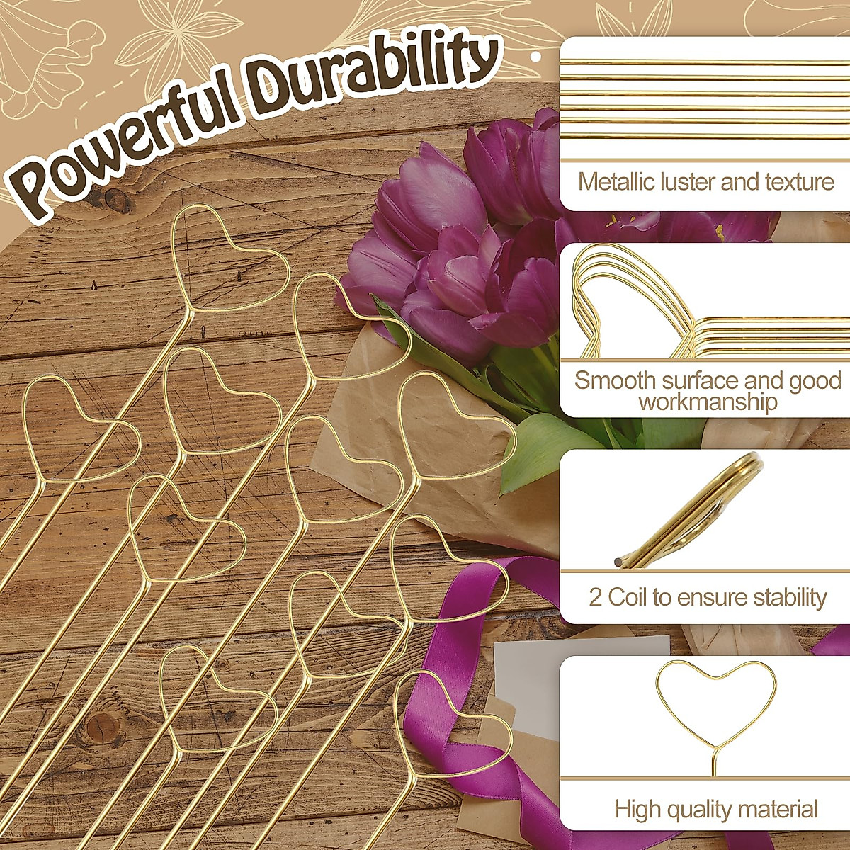 Bonsicoky 40 Pack Gold Floral Card Holder Picks - 12.4" Metal Gift Card Holder - Round Shaped Place Card Holder for Wedding Birthday Party Bouquet Decorations