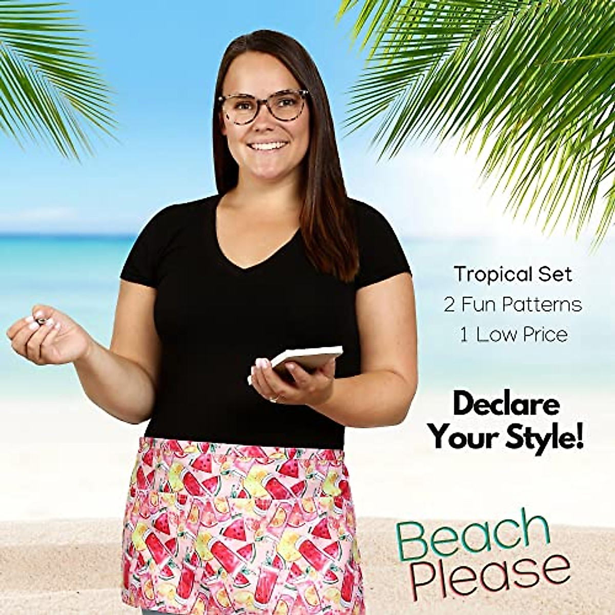 Plum Hill Tropical Waist Apron Set - Waitress Server Aprons - 3 Pockets; Cute Half Apron for Bartender, Restaurant, Coffee Shop, Teachers - Floral and Watermelon Drinks