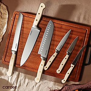 CAROTE 11PCS Knife Set with Block for kitchen, Stainless Steel Razor-Sharp Blade, Triple Riveted Ergonomic Handle,Essential Knife Set, Beige