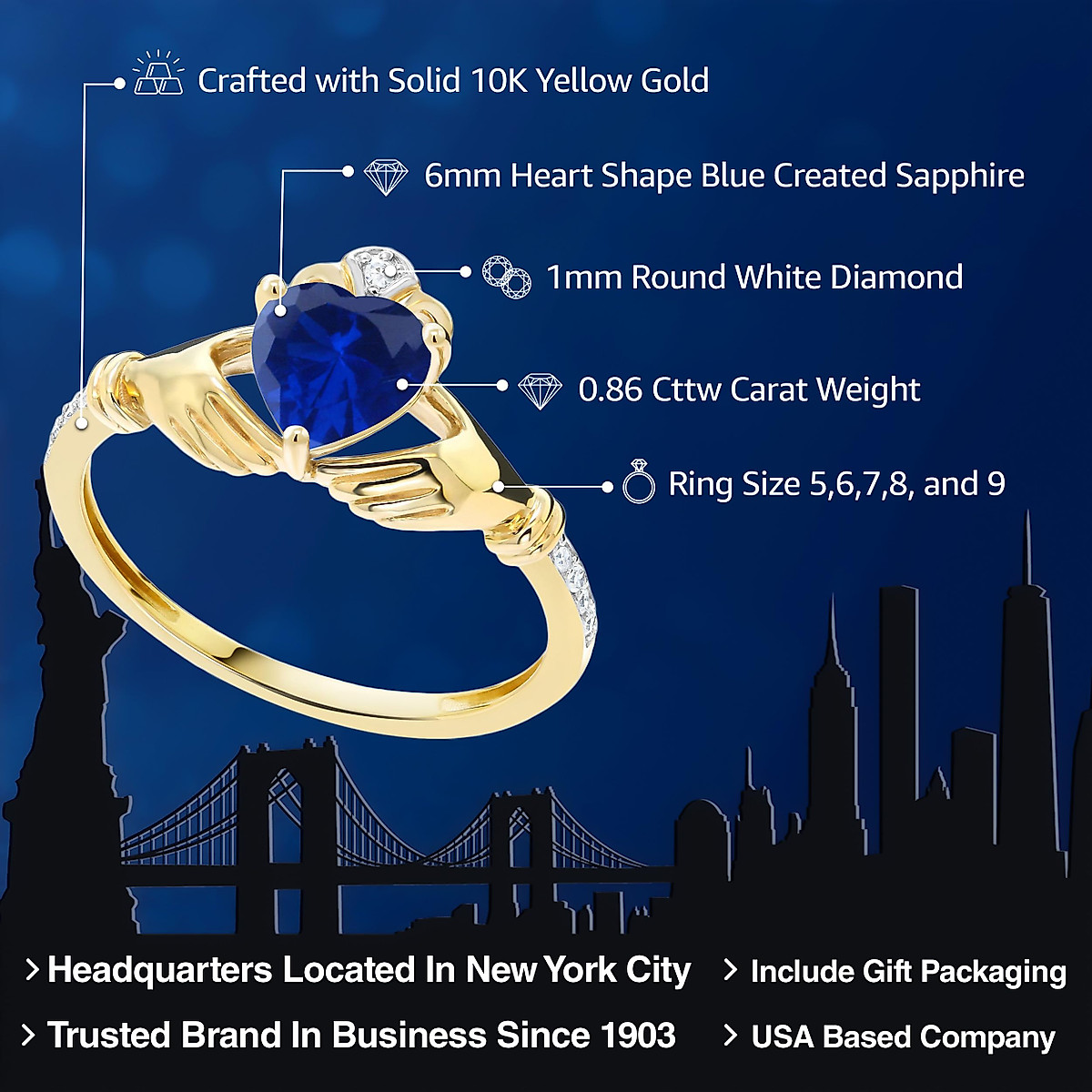 Gem Stone King 10K Yellow Gold Irish Celtic Claddagh Blue Created Sapphire and Diamond Accent Women Ring (0.86 Cttw, Available In Size 5, 6, 7, 8, 9)