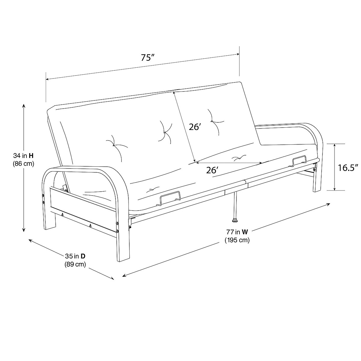 ASQUAN Black Metal Arm Full Size Futon Frame with 6” Gray Mattress