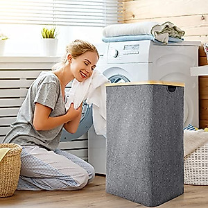 2 Pack X-Large Laundry Hamper with Lid Foldable Laundry Basket with Bamboo Handles Portable Clothes Basket with Removable Bag for Dorm Bedroom Bathroom Laundry Dirty Clothes Hamper (Gray, 90 L)