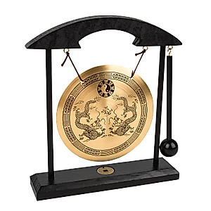 Mose Cafolo Zen Art Brass Feng Shui Desktop Table Gong, Dragon with Taiji Symbols, Makes Clear Sound, Collectible Figurines