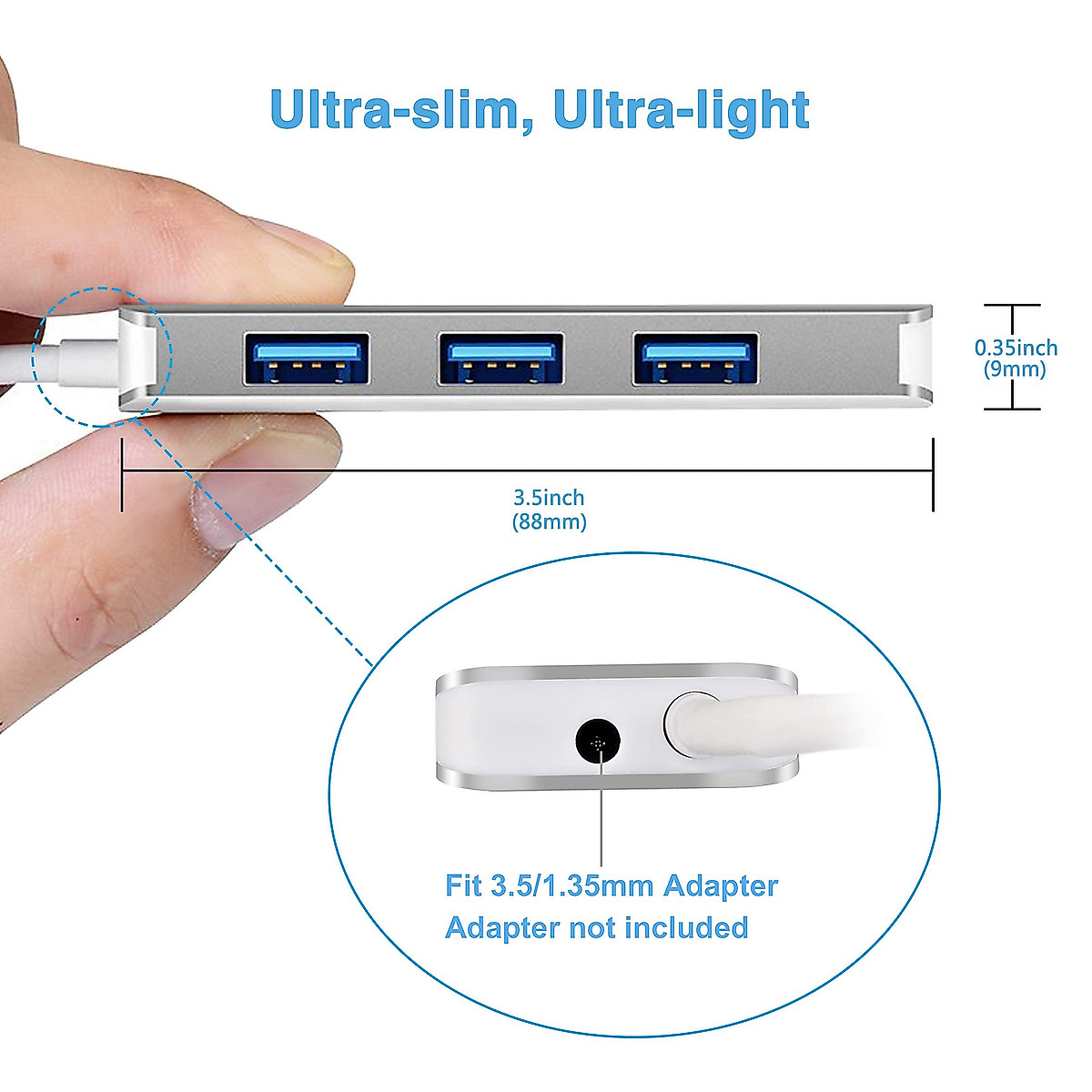 USB 3.0 Hub RSHTECH Aluminum 4 Port Ultra Slim USB 3.0 Data Hub Splitter Portable USB Port Expander for Laptop and PC (Silver)