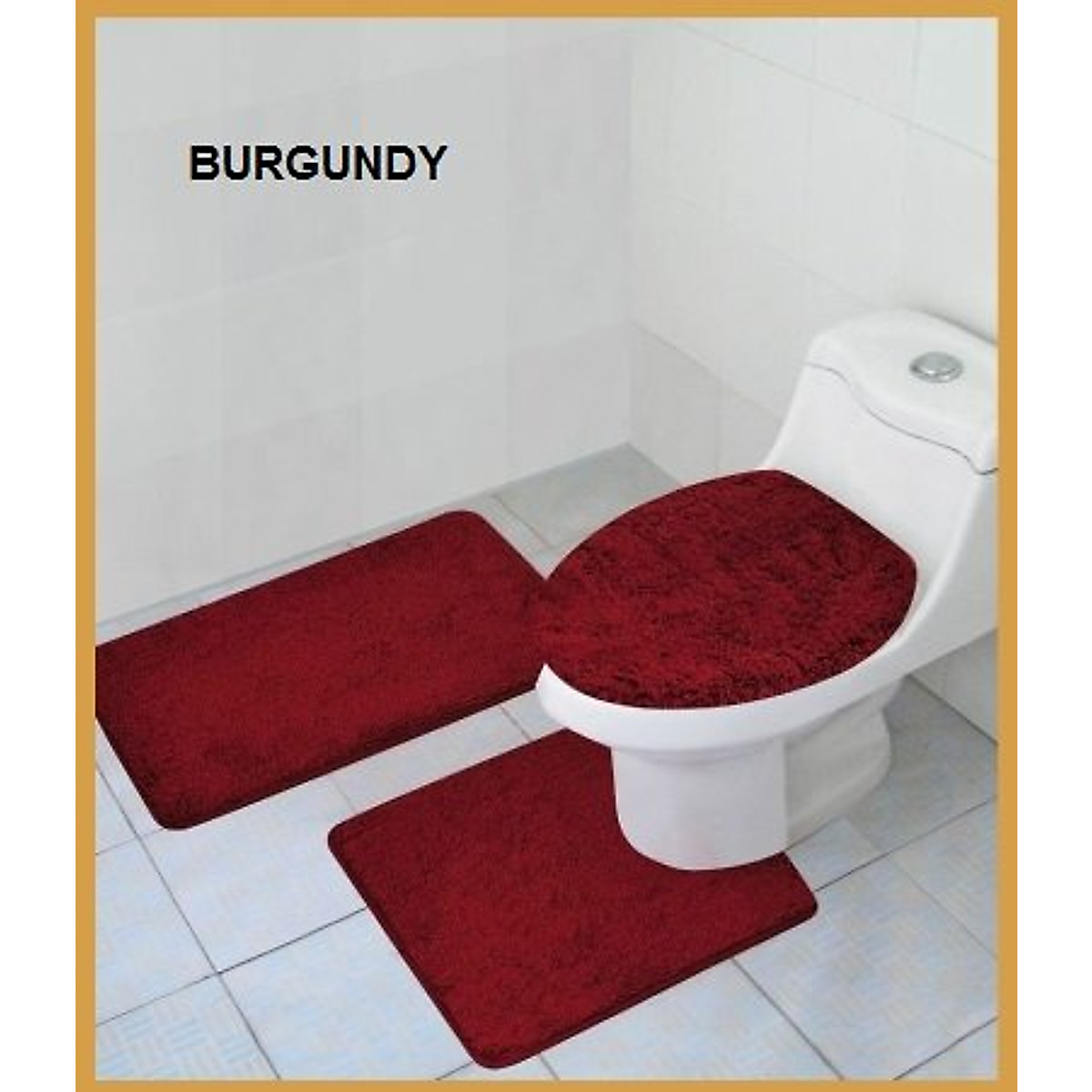 3 Piece Luxury Acrylic Bath Rugs Set Large 18"x"30 Contour Mat 18"x18" and Lid. (Burgundy)