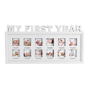 My First Year Picture Frames Baby Moments Keepsake Photo Frame Newborn Infant Collage Frame Boys Girls Shower Gift Wall hanging 12 Month Frame for Room Wall Nursery Décor Elegant White Natural Wood