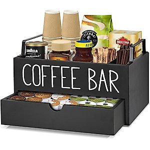 Coffee Station Organizer with Drawer, Wooden Coffee Bar Accessories Organizer for Counter, Farmhouse Kcup Coffee Pod Holder Storage Box with Handle, Coffee Bar Organizer Station for Coffee Bar Decor