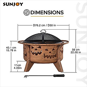 Sunjoy Fire Pit 30 in. Outdoor Wood-Burning Fire Pit, Patio Jack-o-Lantern Motif Round Steel Firepit Large Fire Pits for Outside with Spark Screen and Poker