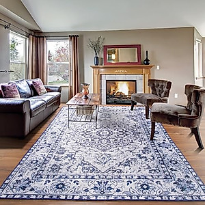 OHWPEAT 5x7 Feet Boho Vintage Living Room Area Rug, Lightweight Non-Shedding Carpet, Hardwearing Stain-Resistant Machine Washable, Non-Slip Rug for Bedroom Office Dining Room Kids Room, Blue Rugs