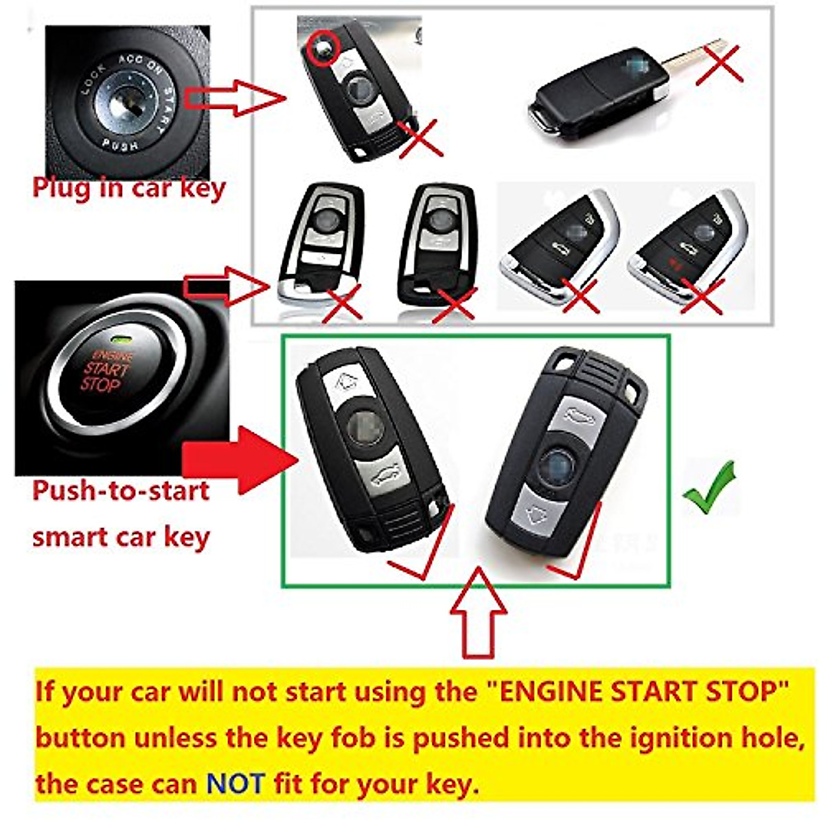 Royalfox(TM) Luxury 3 Buttons Genuine Leather Smart keyless Entry Remote Key Fob case Cover for BMW 1 2 4 5 6 Series,for bmw old smart key,with Keychain