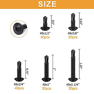 410 Stainless Steel Sheet Metal Screws Assortment Kit, #8 x 1/2'' to 1-1/2'' Assorted Modified Truss Head Black Self Tapping Screws for Metal, Plastic, Aluminum, 190Pcs Self Drilling Screws