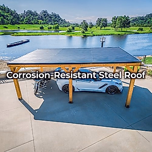 Backyard Discovery Kingsport 20' x 12' Cedar Wood Outdoor Carport Garage with Heavy-Duty Galvanized Steel Slope Roof, Snow Support, Wind Resistance, PowerPort, Shelter to Protect Cars, Boats, Trucks