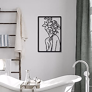 CHENGU 3 Pieces Metal Minimalist Abstract Woman Wall Art Drawing Single Line Female Home Hanging Wall Art Decor for Kitchen Bathroom Living Room (Black, Floral Style)