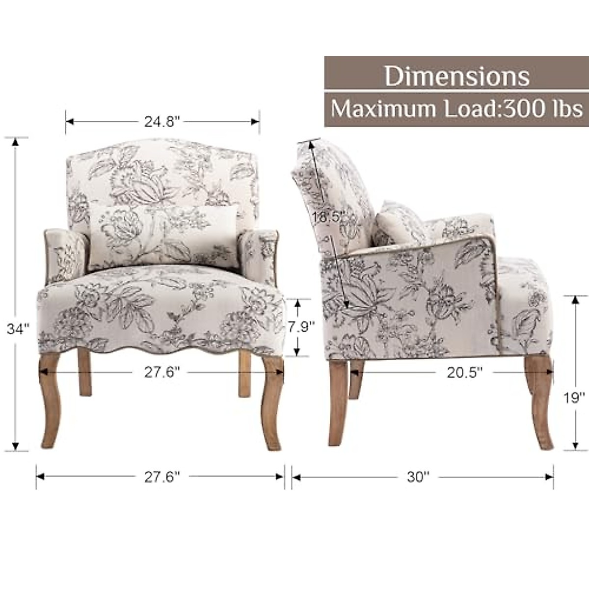 Shunzhi Mid Century Accent Chairs Modern Floral Armchair Upholstered Reading Chair Linen Farmhouse Single Sofa Chair with Pillow for Bedroom/Living Room/Fireplace, Beige, 2PC