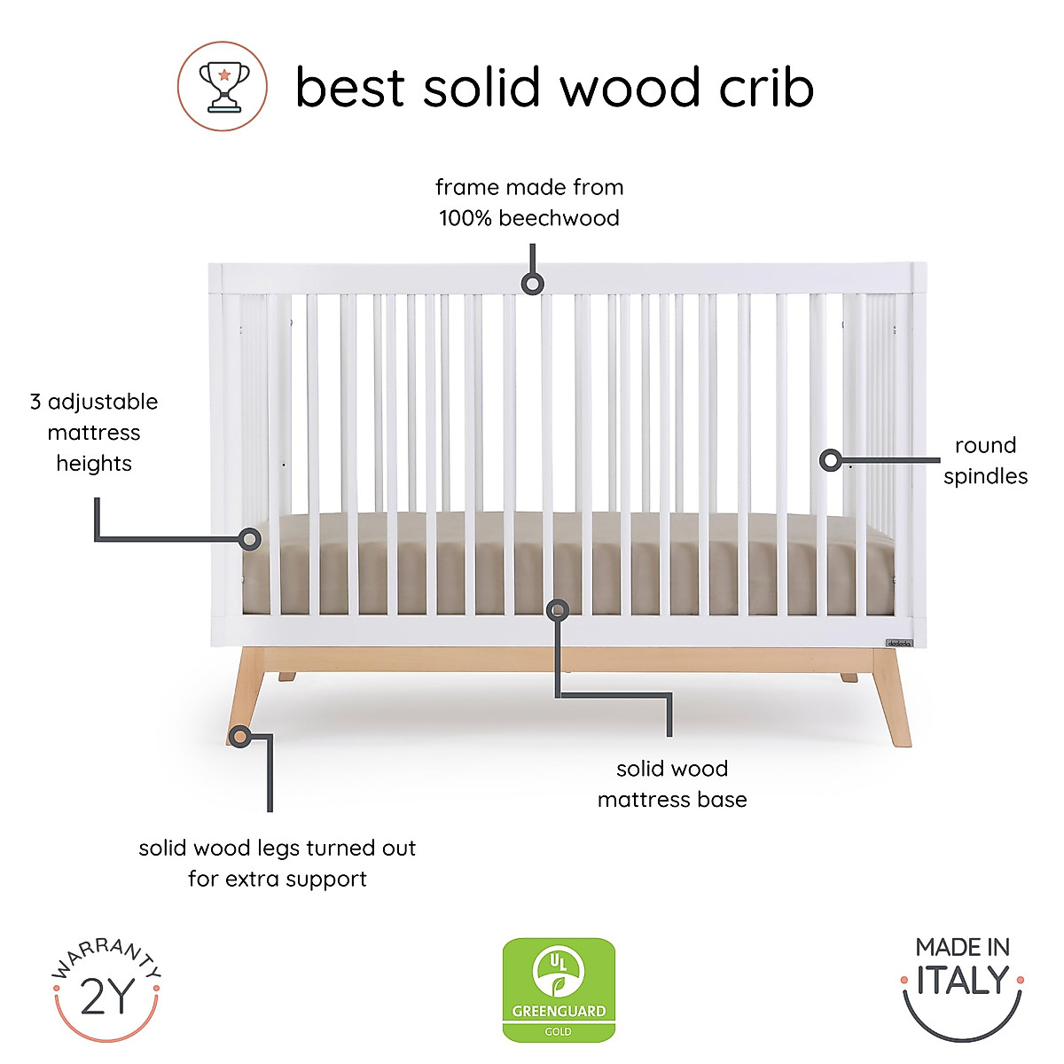 dadada Baby Soho 3-in-1 Convertible Crib – Made in Italy, GREENGUARD Gold, Adjustable Mattress Height, Solid Beechwood – Baby-Safe Finish, Modern Design 53.15 x 29.95 x 36.7 in (White + Natural)