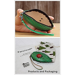Fanyixuan Ladies Leaf Ladybug Leather Coin Purse Can Put Coin Clutch Bag Handmade Leather Creative Key Case (Green)