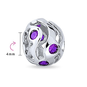 Bling Jewelry Purple Wave Simulated Amethyst CZ Charm Bead For Women .925 Sterling Silver For European Bracelet February Birth Month