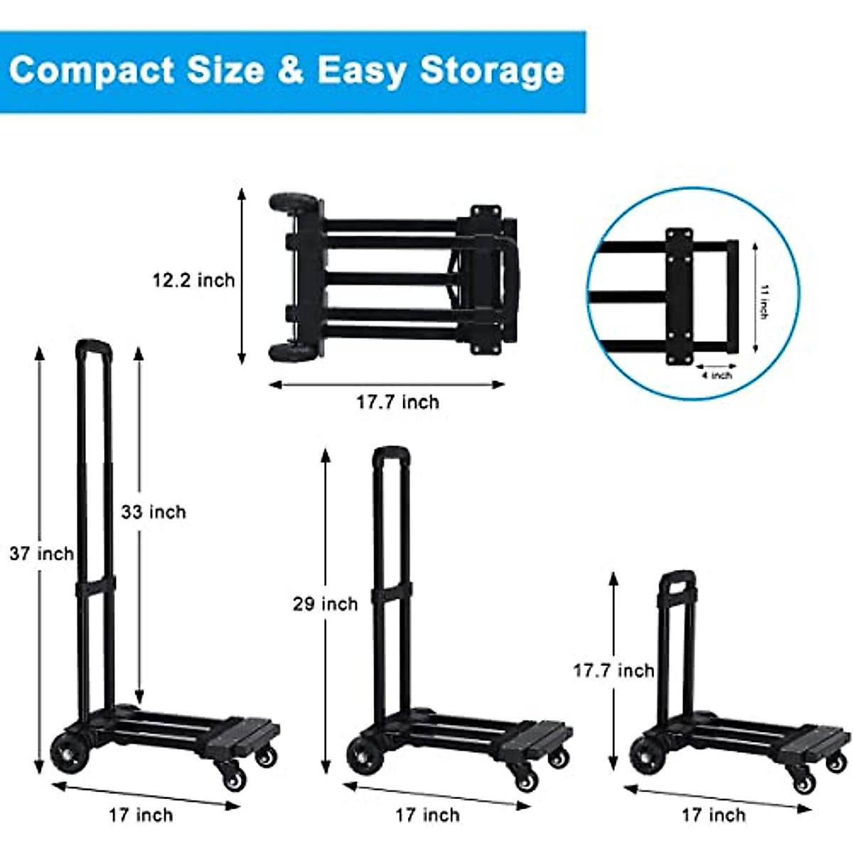 Orange Tech Folding Hand Truck, 220 lbs Heavy Duty Luggage Cart, 4 Wheels Solid Construction, Portable Fold Up Dolly, Compact and Lightweight for Luggage, Personal, Travel, Moving and Office Use