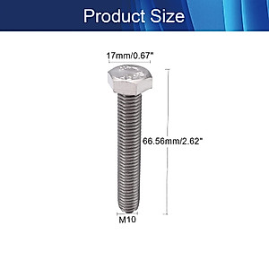 Juvielich M10x60mm Hex Head Screw Bolts 304 Stainless Steel Fully Threaded Hex Tap Bolts Silver Tone 10PCS