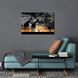 SkenoArt Giraffes Canvas Wall Art Africa Golden Sunset Landscape Poster Animal Family Picture Prints Black and White Poster Wall Decoration for Home Living Room Bedroom Bathroom Decor 16"x24"