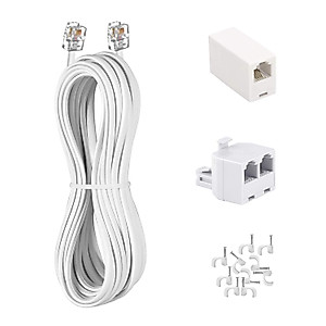KINXIYU Phone Cord 15FT, Landline Telephone Cable with RJ11 Plug, Includes Telephone Inline Coupler RJ11 Splitter and 10pcs Cable Clips(White)
